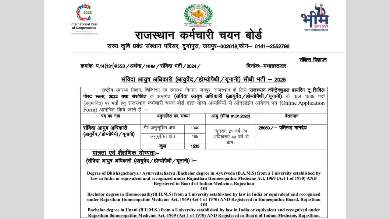Rajasthan RSSB Ayush Officer Recruitment 2025 Notification OUT For 1535 ...