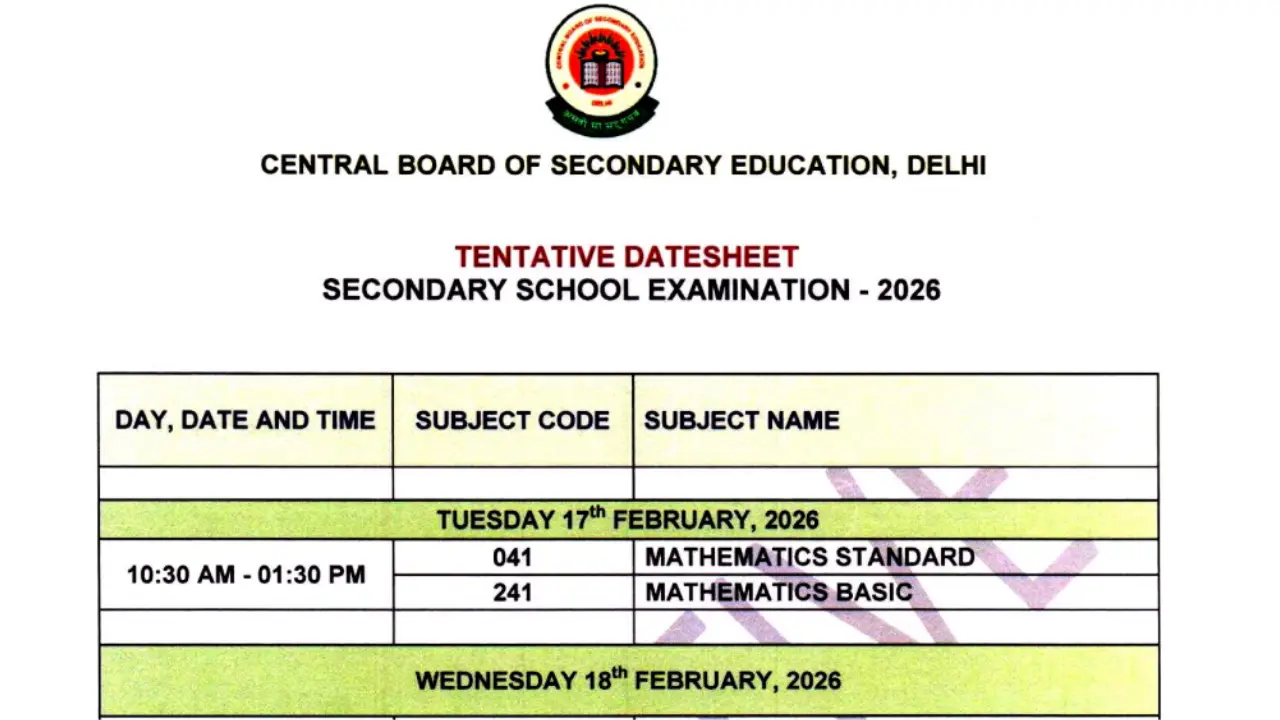 CBSE Date Sheet 2026 Released: Class 10th And 12th Complete Exam Date ...